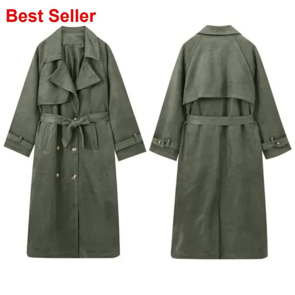 Jackets & Coats | Faux Suede Long Trench Coat Notched Lapel Double ...